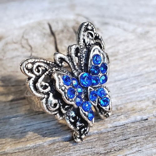 Vintage Sparkly Cocktail Ring Cobalt Blue Crystal Butterfly Silver Y2K ...