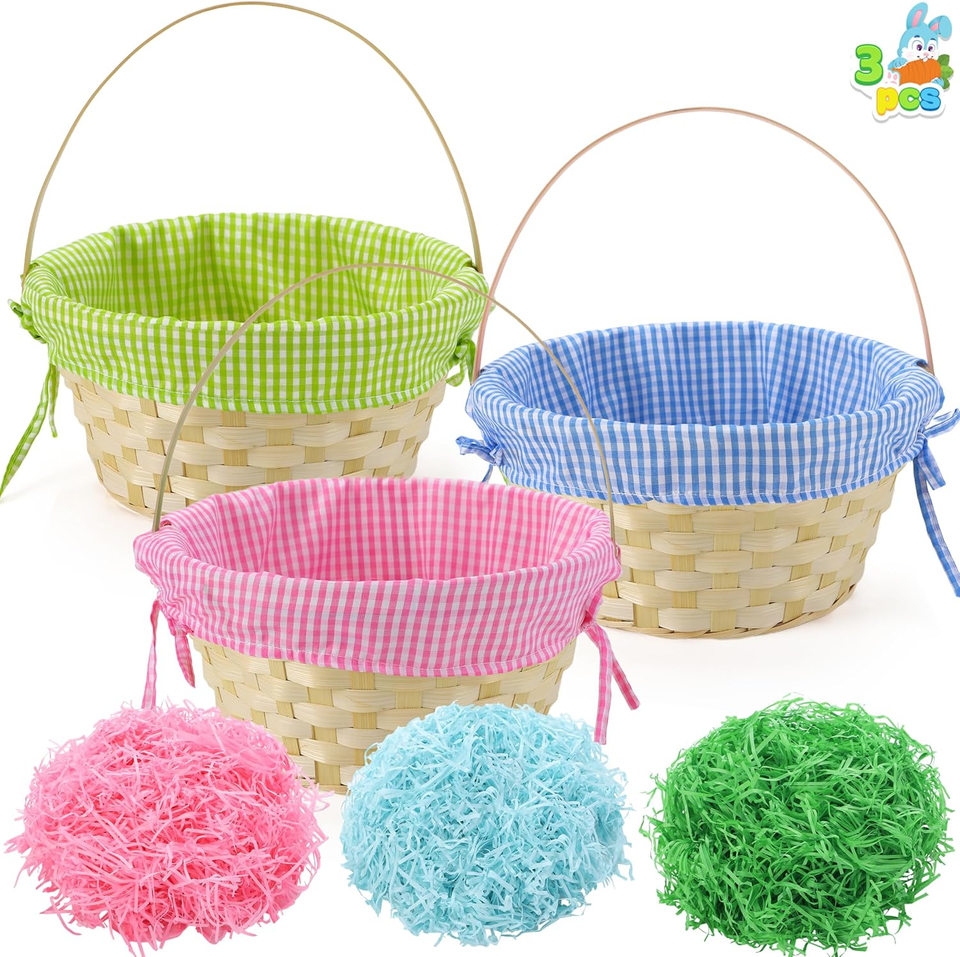3-Pack Easter Bamboo Baskets w/Plaid Liner & Handles, Egg Hunt Treat ...