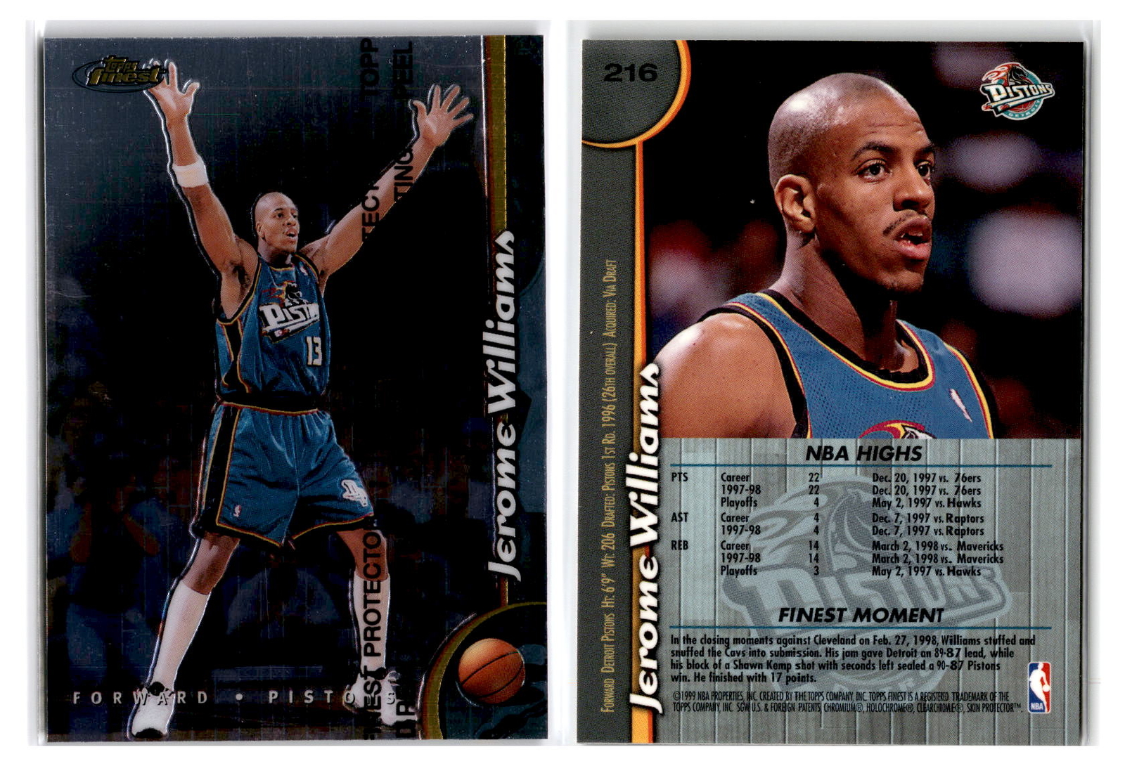 1998-99 Topps Finest #216 Jerome Williams - Detroit Pistons | eBay
