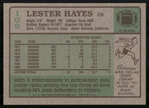 1984 Topps #109 Lester Hayes Los Angeles Raiders Football Card 188457 ...