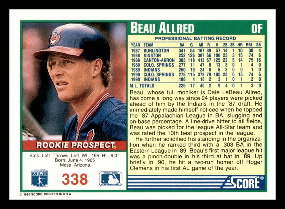 1991 Score Beau Allred RC Rookie Prospect Indians #338 Centered Mint | eBay