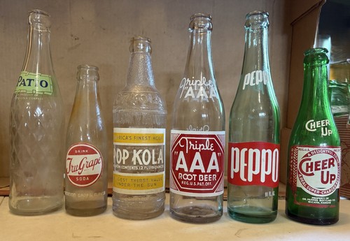 Six Soda Bottles. Patio, Tru-Grape, Pop-Cola, Triple AAA Root Beer ...