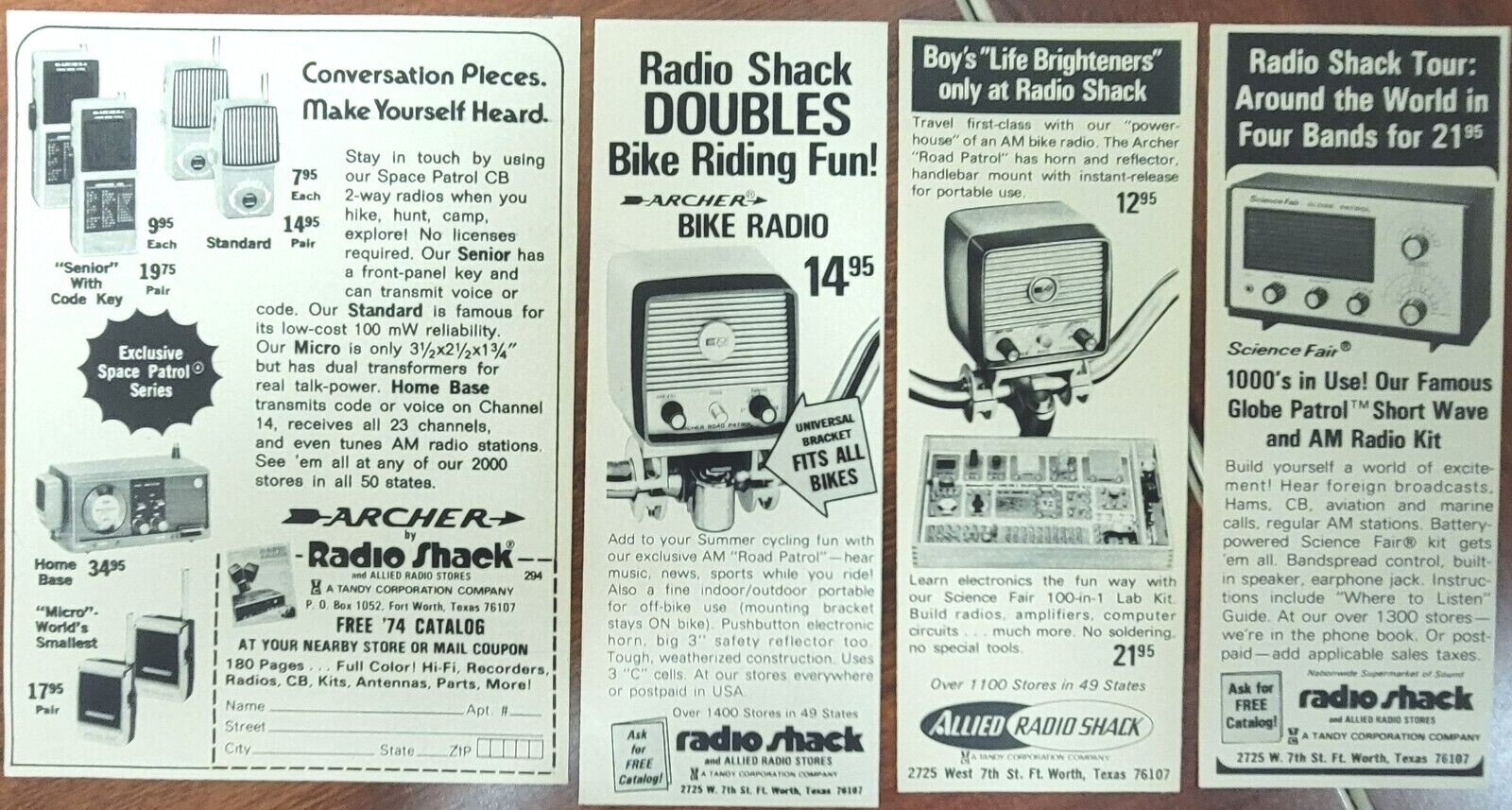 4 Radio Shack Ads Walkies Bike Road Patrol Radio Short Wave AM Radio ...