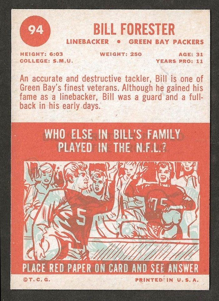 1963 Topps #94 BILL FORESTER Green Bay Packers | eBay