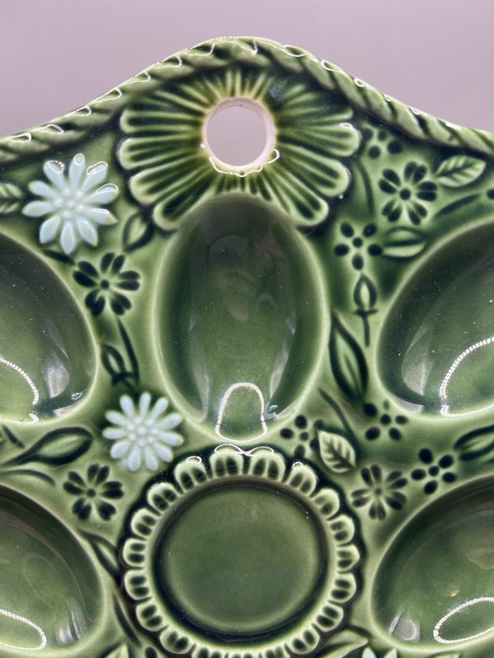 Vintage Green Glazed Ceramic Deviled Egg Tray Flower Detail and Rope ...