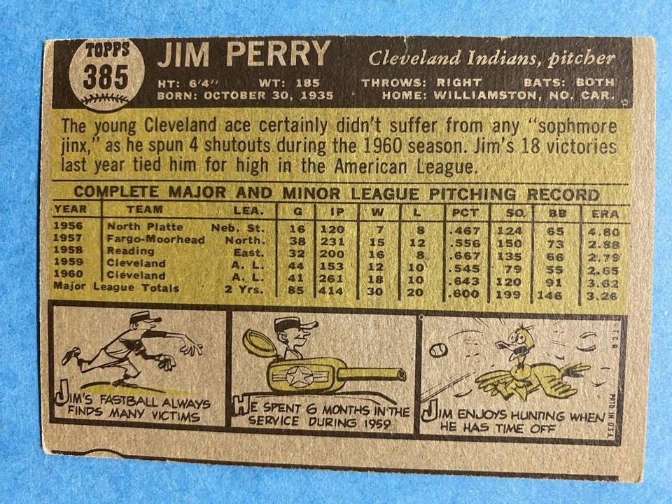 1961 Topps - Jim Perry #385 Cleveland Indians Baseball Card No Creases ...
