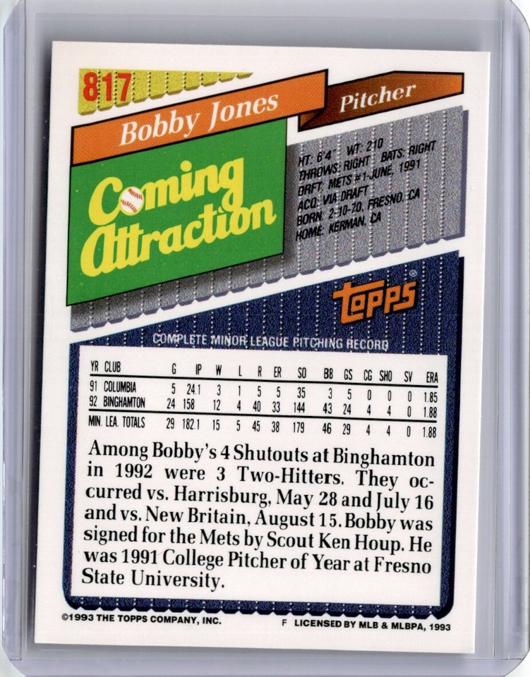 1993 Topps Bobby Jones Baseball Card New York Mets #817 | eBay