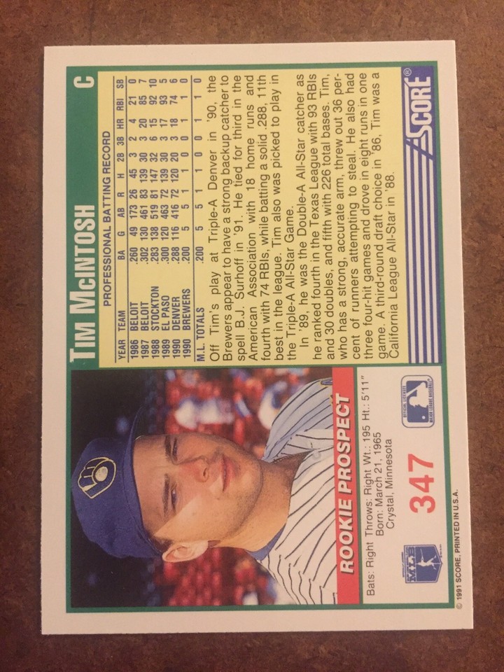 Tim McIntosh 347 Rookie Prospect Score 1991 MLB Baseball Trading Card ...