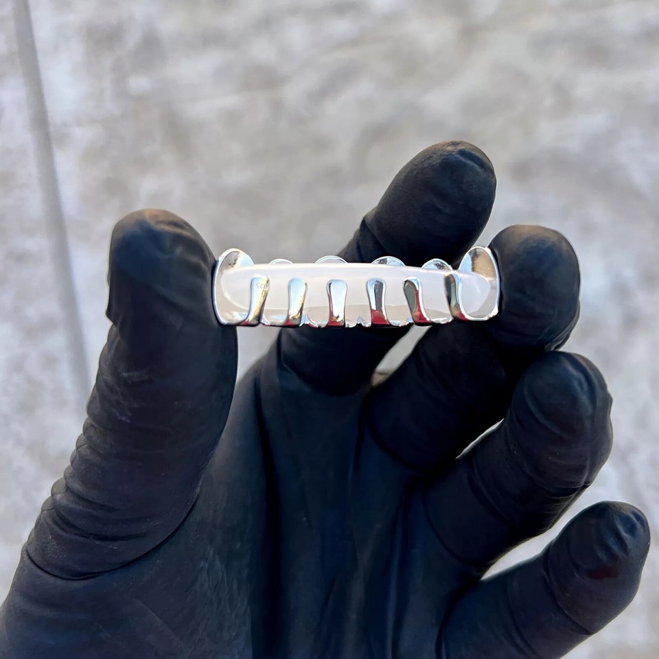 Real Solid 925 Sterling Silver White Enamel Grillz Top & Bottom Teeth ...