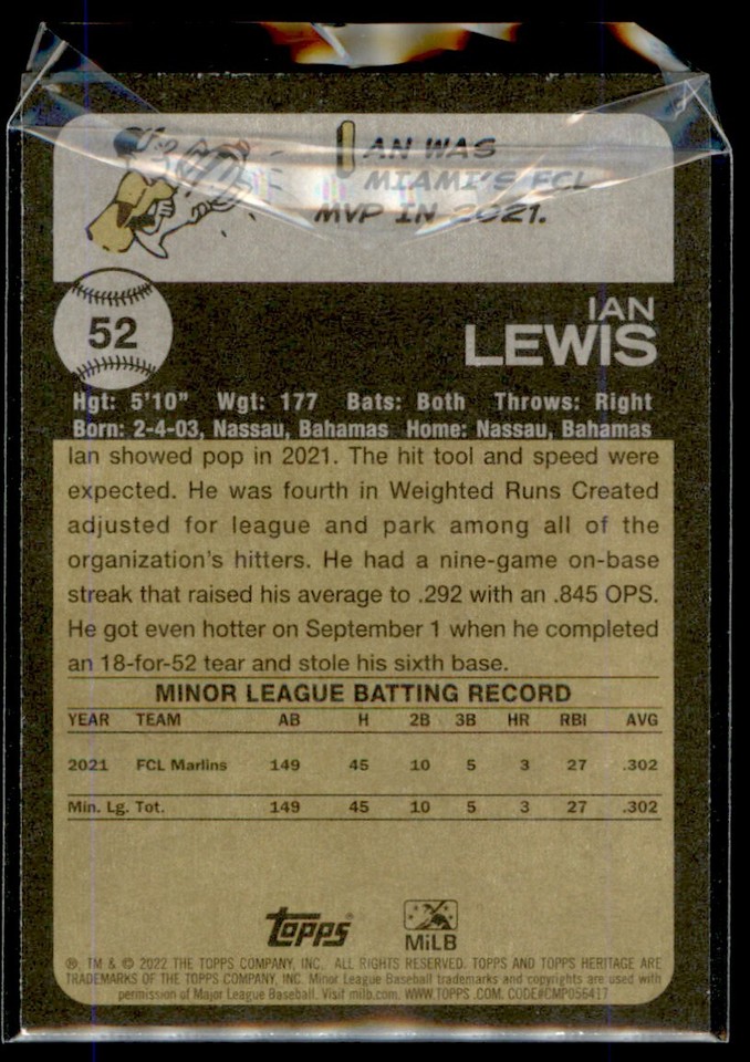 2022 TOPPS HERITAGE MINOR LEAGUE IAN LEWIS FCL MARLINS #52 | eBay