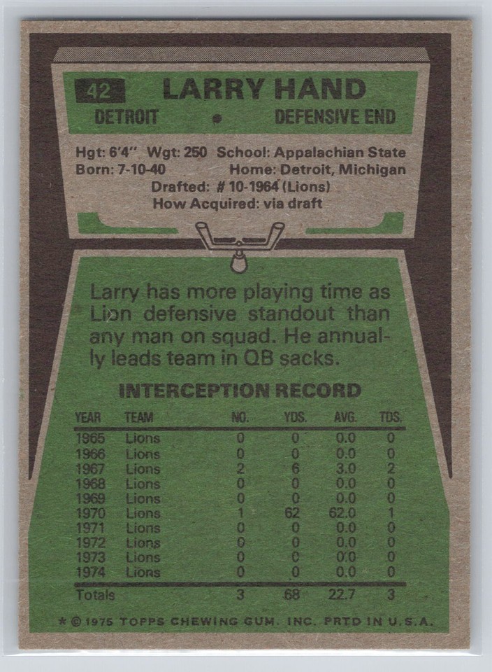 1975 Topps #42 Larry Hand - Lions - MINT | eBay
