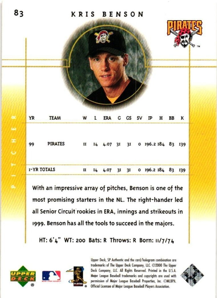 2000 UPPER DECK SP AUTHENTIC KRIS BENSON #83 CARD $0.99 VALUE BOX | eBay