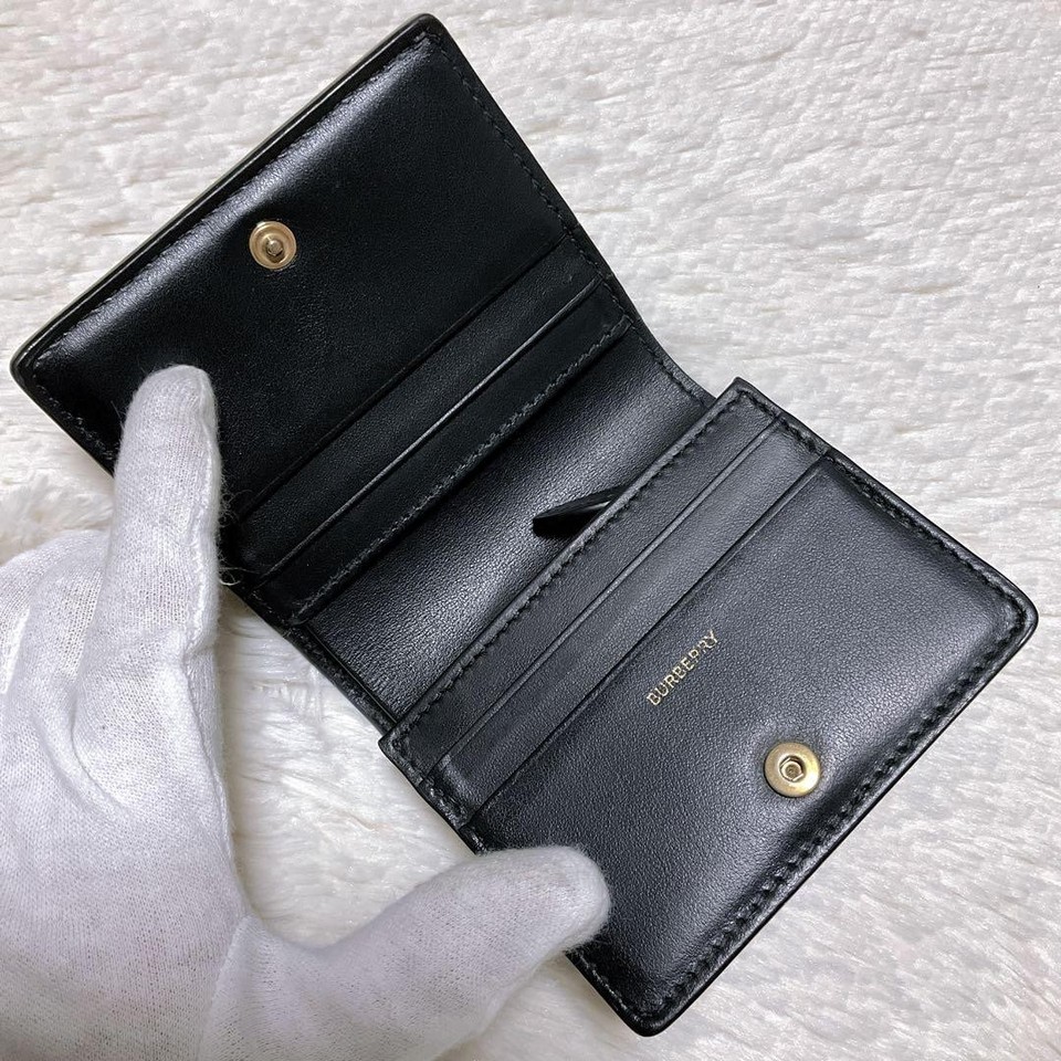 Burberry Folding Wallet 9x10cm Black Leather Logo Compact Good Cond ...
