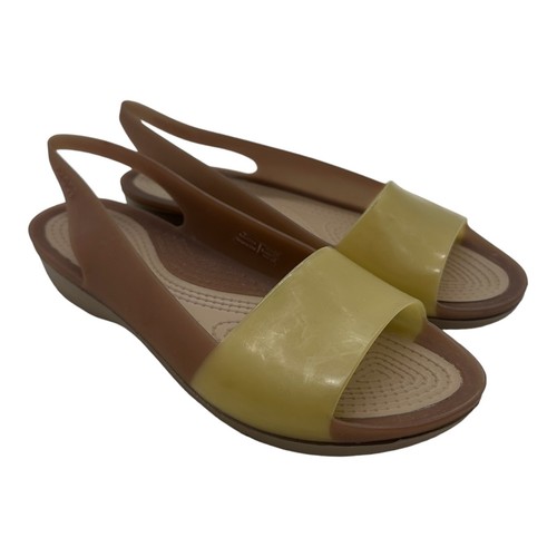 Crocs Sandals Womens 8 Brown Yellow Beige Shoe Flat Slingback Peep Toe ...