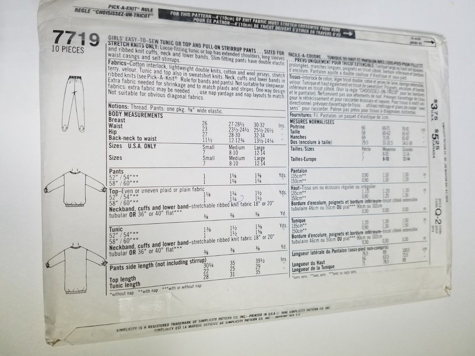 Simplicity 7719, Girl's Tunic, Top, Stirrup Pants, Size Sm. Uncut | eBay