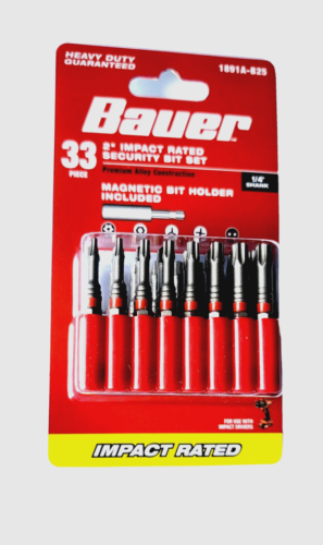 Bauer 33pc impact Rated Security Bit Set 2" LONG 1/4" shank magnet bit ...