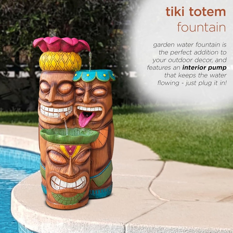 3-Tiered Colorful Tiki Head Water Fountain, Indoor/Outdoor Tropical ...