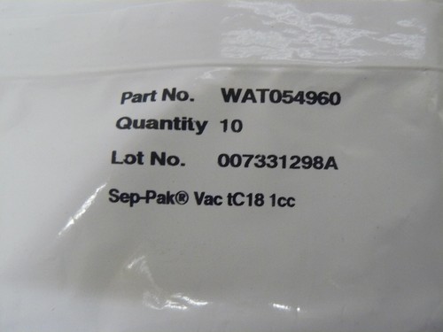 Waters Corporation Sep-Pak tC18 1cc Vac Cartridge WAT054960 pack of 10 ...