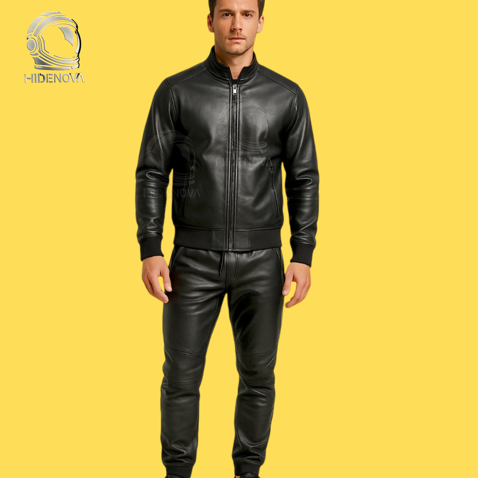 Men’s Real Lambskin Leather Tracksuit Set Black Sweatsuit Outfit | eBay