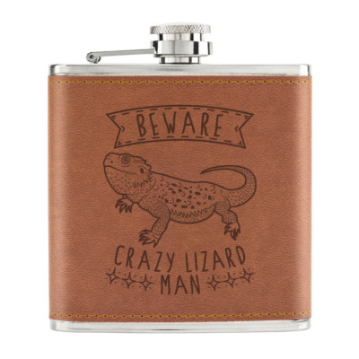 Beware Crazy Lizard Man 6oz PU Leather Hip Flask Tan - Funny Animal ...