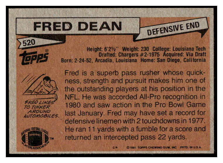 1981 Topps #520 Fred Dean San Diego Chargers Excellent | eBay
