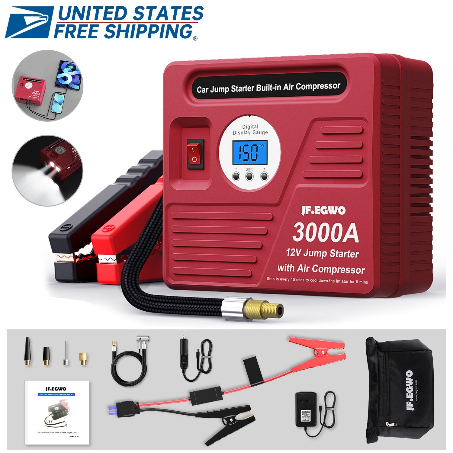 Auto Car Jump Starter 3000Amp 12-Volt Portable Battery Booster w/ Air ...