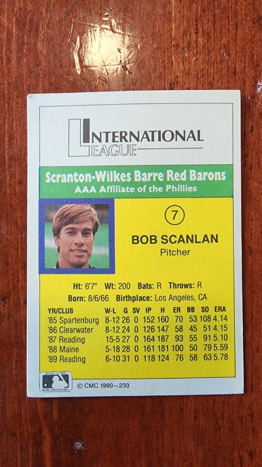1990 CMC # 7 Bob Scanlan Card (ML) Scranton-Wilkes Barre Red Barons ...