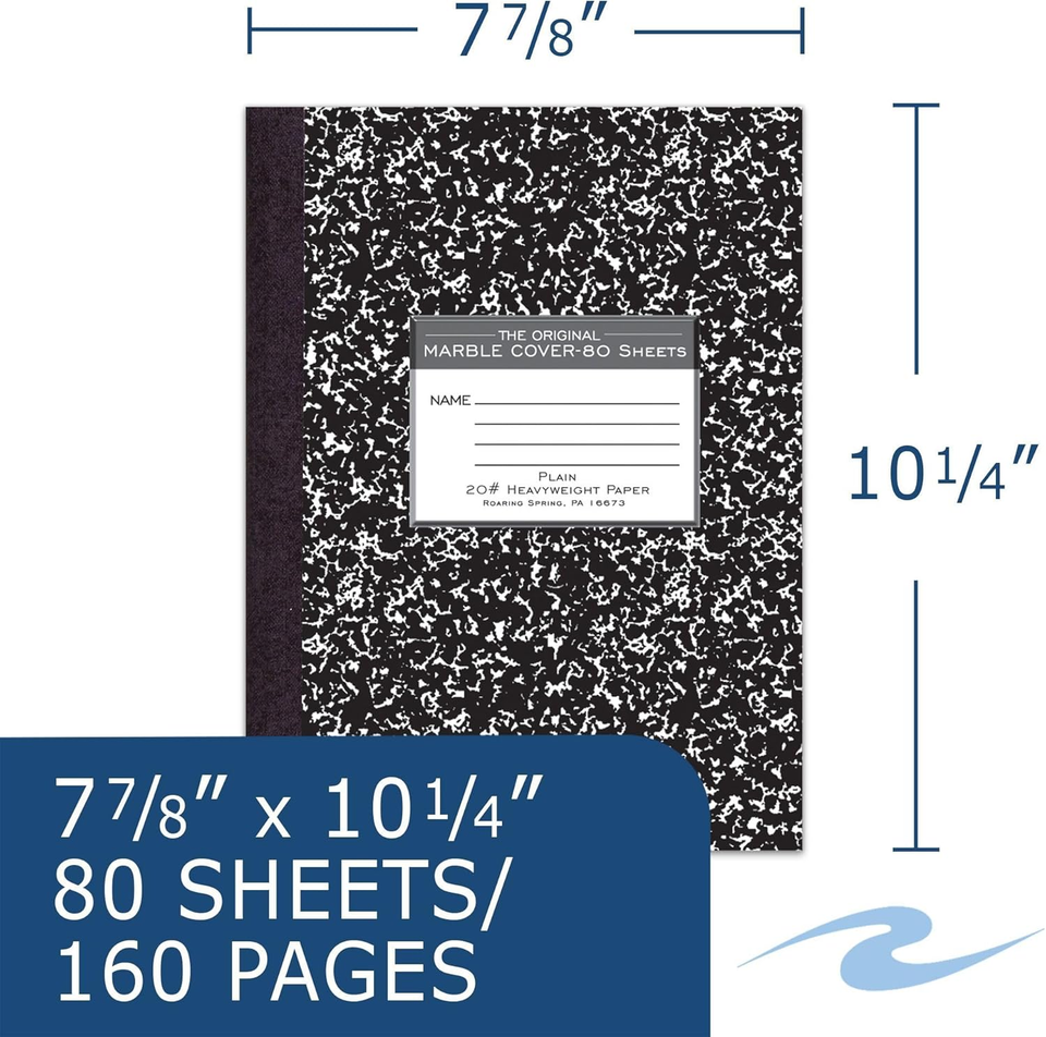 80 Sheets Plain Unruled Hard Cover Marble Composition Notebook, 10.25 ...