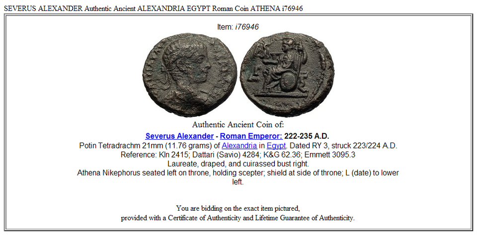 SEVERUS ALEXANDER Authentic Ancient ALEXANDRIA EGYPT Roman Coin ATHENA ...