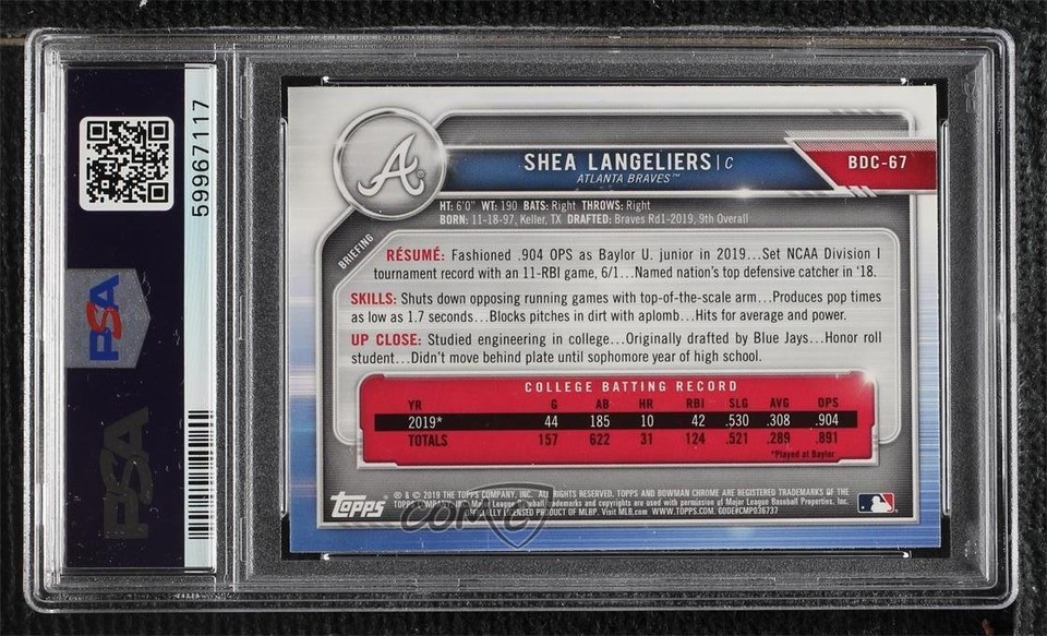 2019 Bowman Chrome Draft Sapphire Edition Shea Langeliers #BDC-67 PSA 9 ...