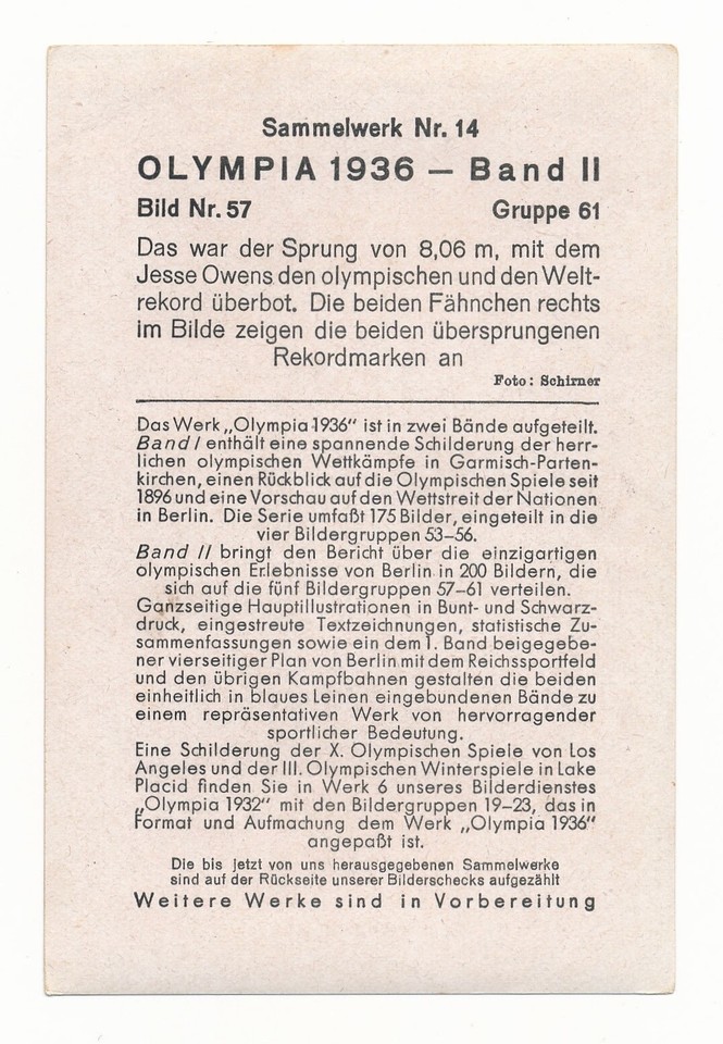 1936 Reemstma JESSE OWENS ROOKIE CARD #57 Olympia RC Olympics Reemtsma ...