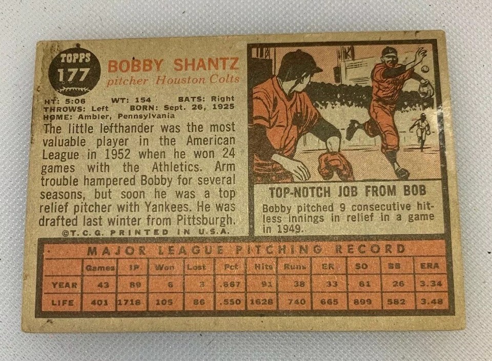 1962 Topps # 177 Bobby Shantz Baseball Card Houston Colts Colt 45s | eBay