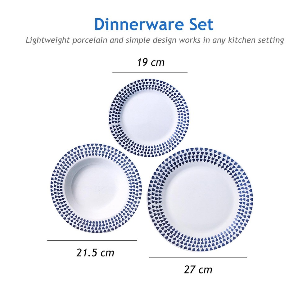 12-pc Dinner Set White Soup Dessert Plates Blue Dotted Circle Round ...