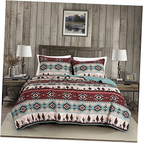 Dune 3-Piece Southwestern Cowboys Aztec Quilt Set - King Teal Multi ...