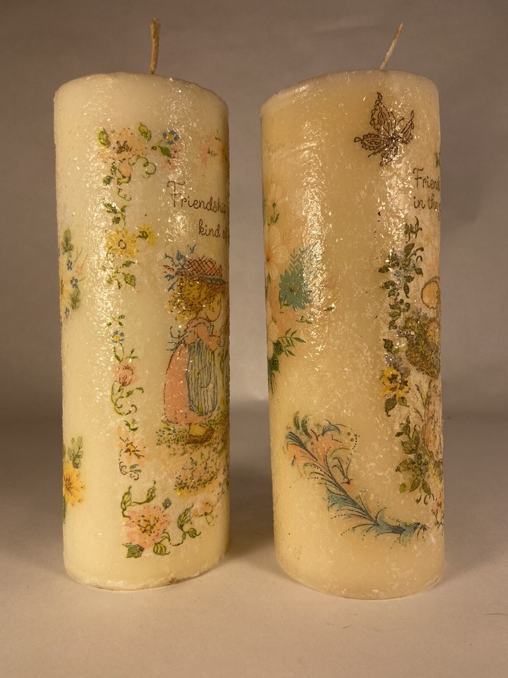 2 VINTAGE PILLAR SUGAR CANDLES 60s 70s Design on Wax-No glass-Friends ...