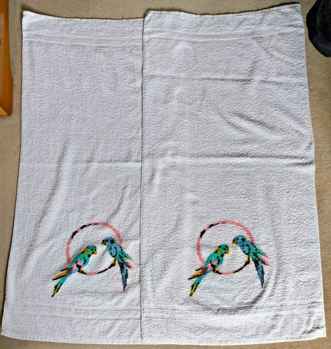 Pair Of Vintage 1950s Zorbit Cream Hand Towels Decorated with Parakeets ...