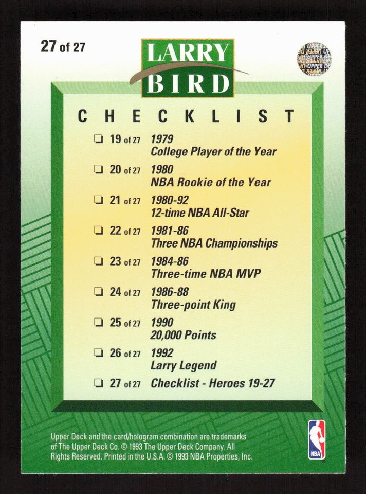 1992 Upper Deck Basketball Heroes Larry Bird #27 Larry Bird Boston ...