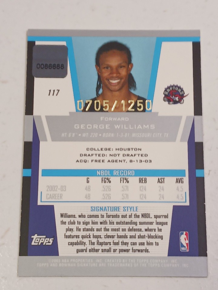George Williams Toronto Raptors 2003 Bowman Signature Certified ...
