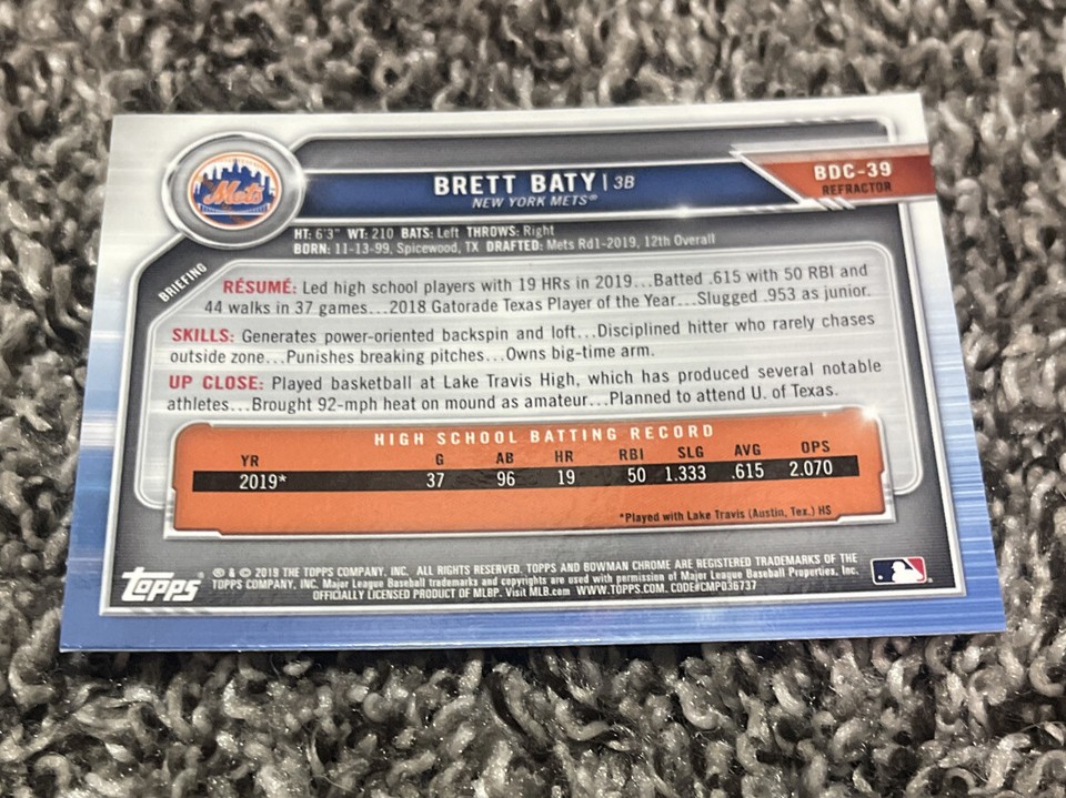 Brett Baty 2019 1st Bowman Chrome Refractor RC Rookie Card Mets ...