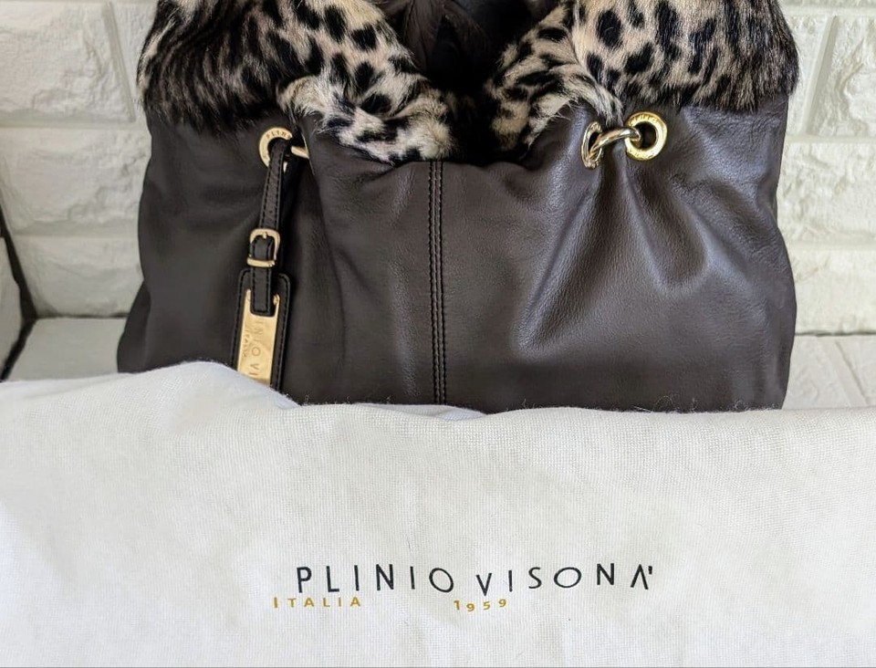 Plinio Visona Leather Handbag Dark Brown Leopard Fur Accent Women's ...