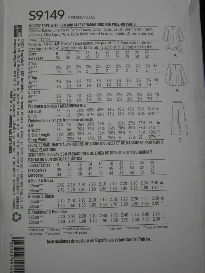 Top and Pull On Pants Misses size 8-16 Simplicity 9149 Sewing Pattern ...