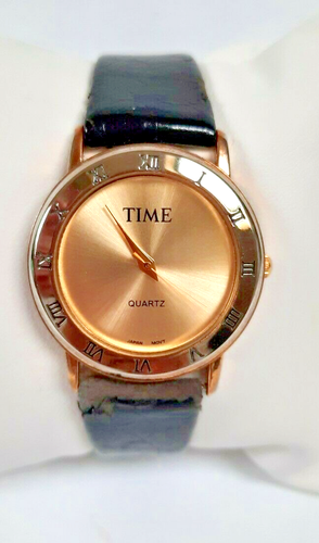Women's TIME Magazine Promo Analog Quartz Watch Gold Tone Black Leather ...