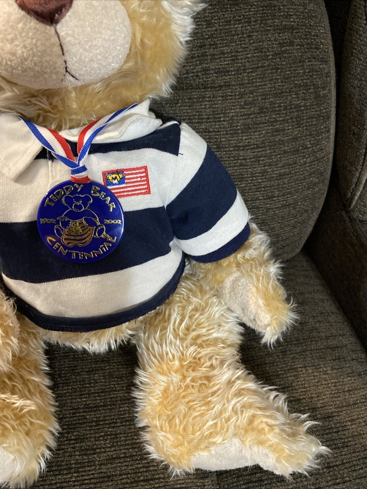 Build A Bear Cream Colored Bear With Blue And White Shirt and ...