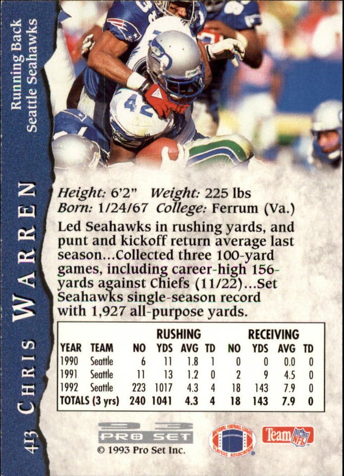 1993 Pro Set Football Card #413 Chris Warren | eBay