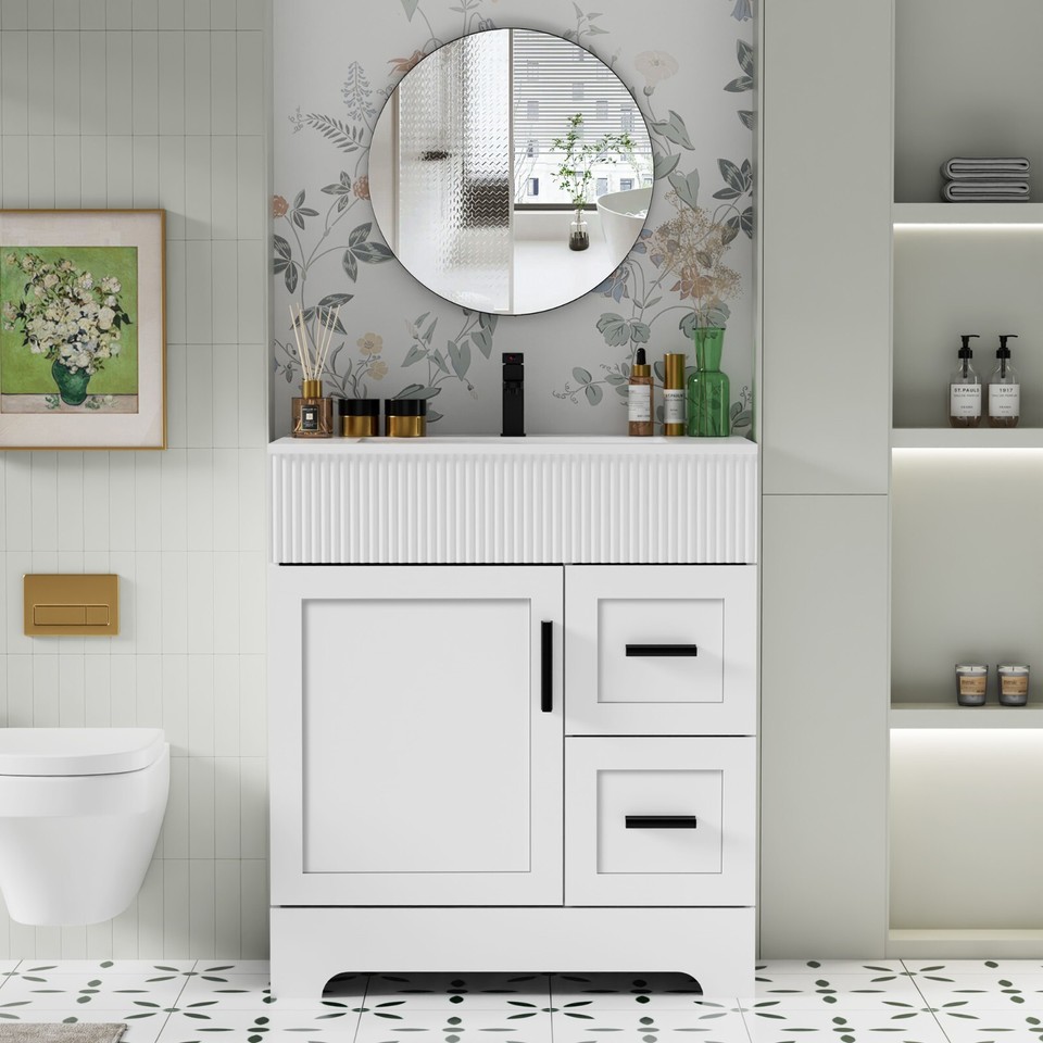 30"/36"/48" Bathroom Vanity Set with Drop in Ceramic Sink Top with Wave ...