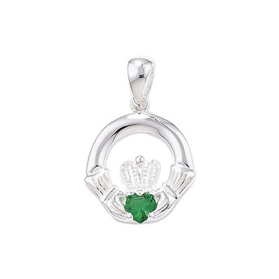 Silver Green Heart Stone Set Cubic Zirconia Claddagh Pendant & Chain ...