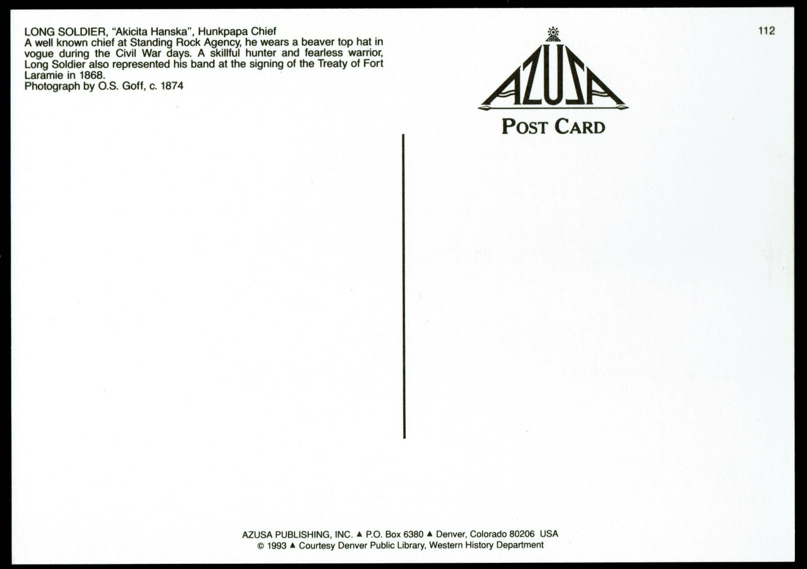 ⫸ 902 Postcard LONG SOLDIER Hunkpapa Indian Chief 1874 Photo by O.S ...