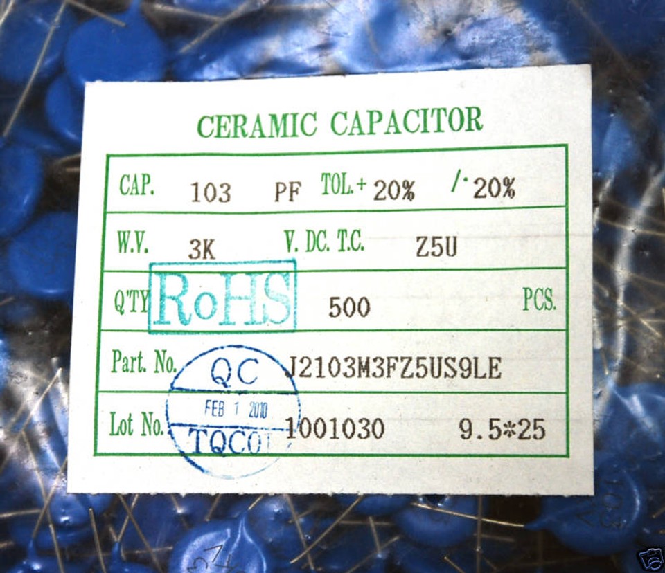 25pc Disc Ceramic Capacitor 103M 103 0.01uF 10000pF 3KV M ±20% Z5U RoHS ...