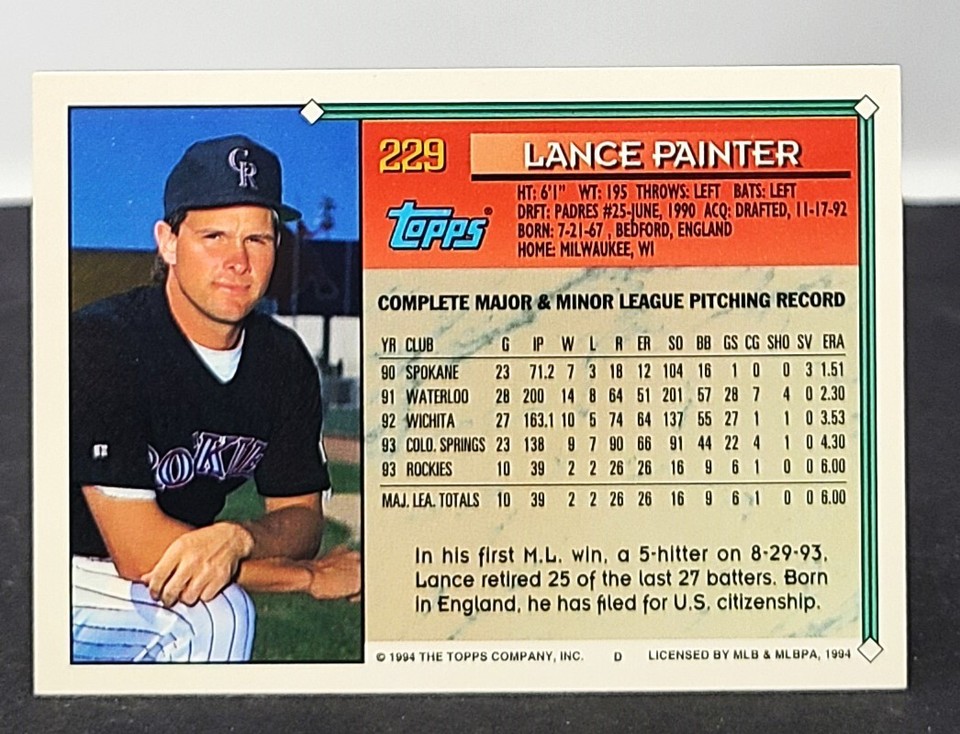 LANCE PAINTER Signed Autographed 1994 Topps Baseball Card #229 Colorado ...