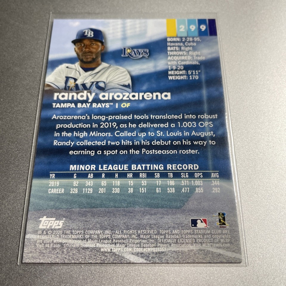 2020 Topps Stadium Club Baseball Randy Arozarena RC Rookie Card #299 ...